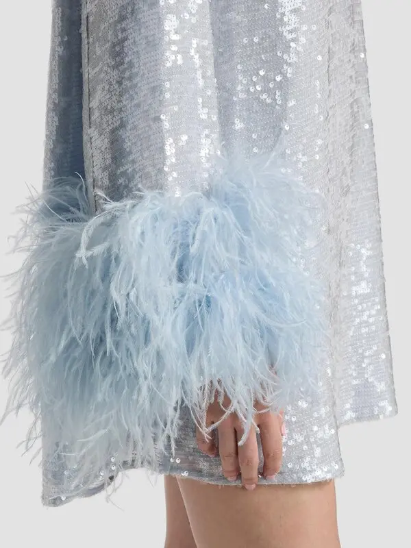 Lapointe Sequined Feather-cuff Shift Minidress