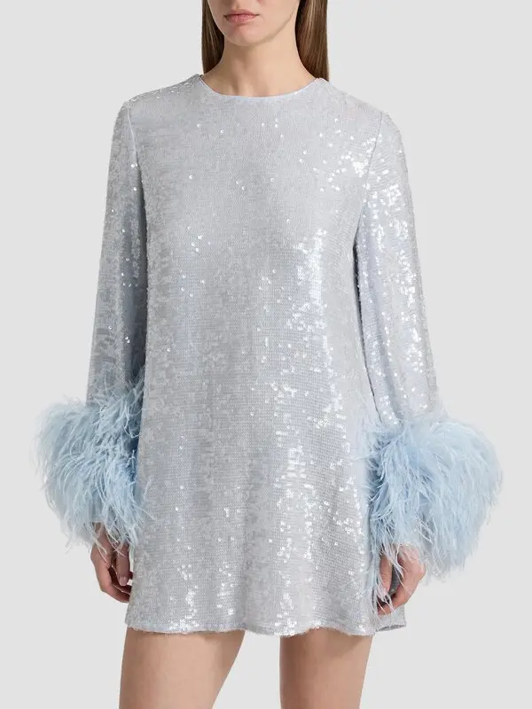 Lapointe Sequined Feather-cuff Shift Minidress