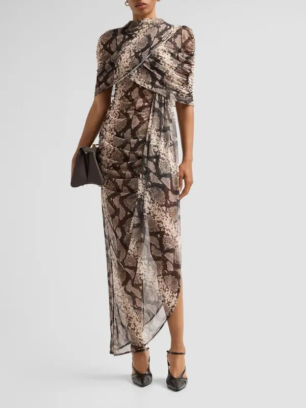 Lapointe Snakeskin Print Draped Maxi Dress