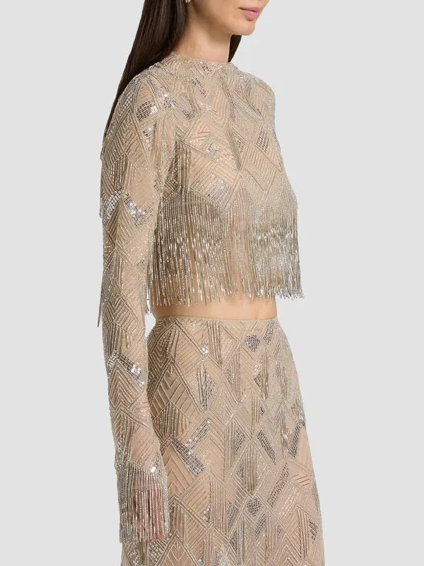 Lapointe Geometric Crystal Fringe Crop Top