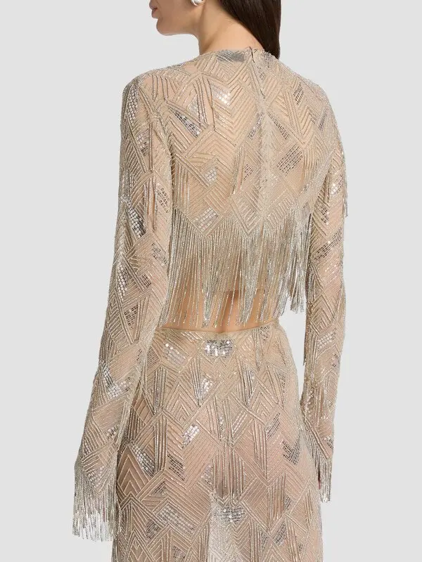 Lapointe Geometric Crystal Fringe Crop Top