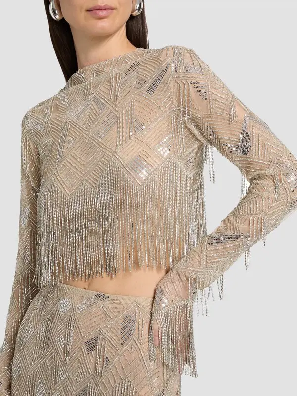 Lapointe Geometric Crystal Fringe Crop Top