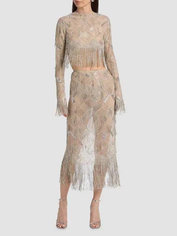 Lapointe Geometric Crystal Fringe Crop Top