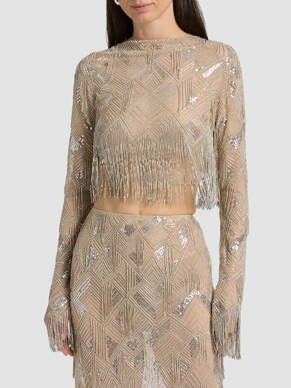 Lapointe Geometric Crystal Fringe Crop Top