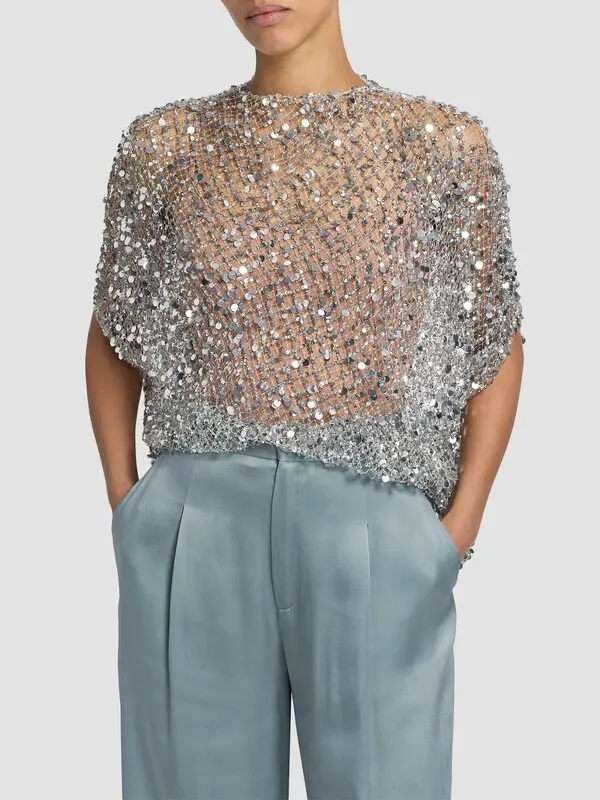 Lapointe Sequined Net Mesh Cape Top