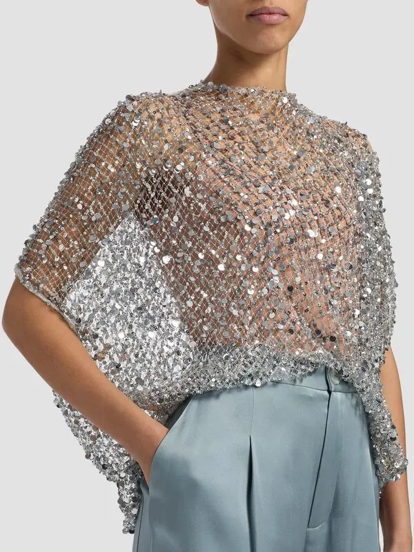 Lapointe Sequined Net Mesh Cape Top