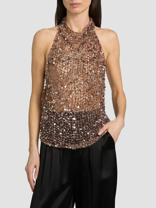 Lapointe Sequined Net Mesh Halter Top