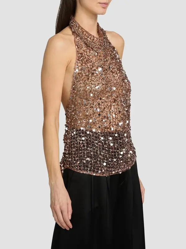 Lapointe Sequined Net Mesh Halter Top