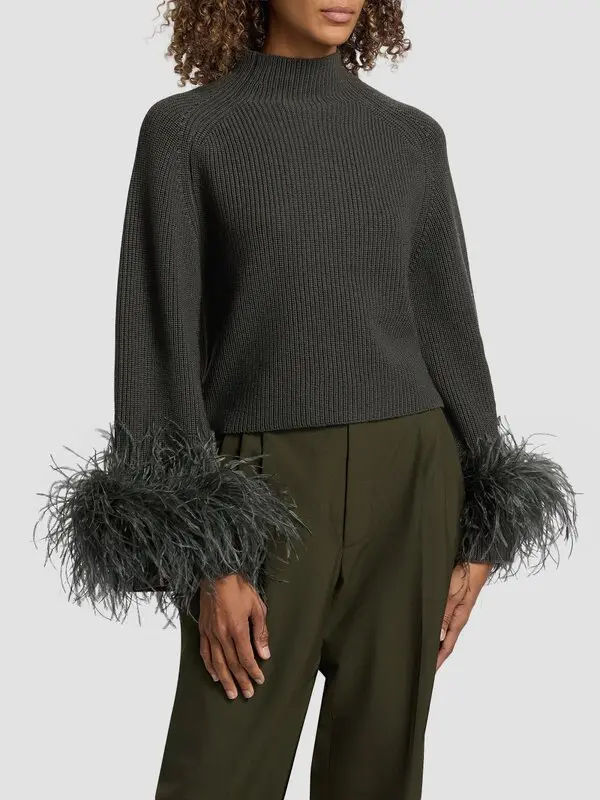 Lapointe Feather-cuff Mock Turtleneck Wool Sweater