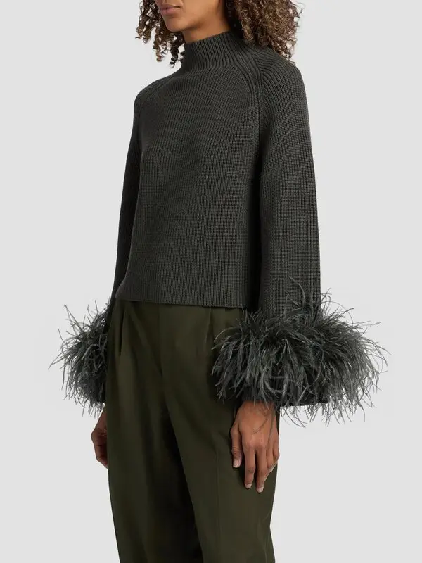 Lapointe Feather-cuff Mock Turtleneck Wool Sweater