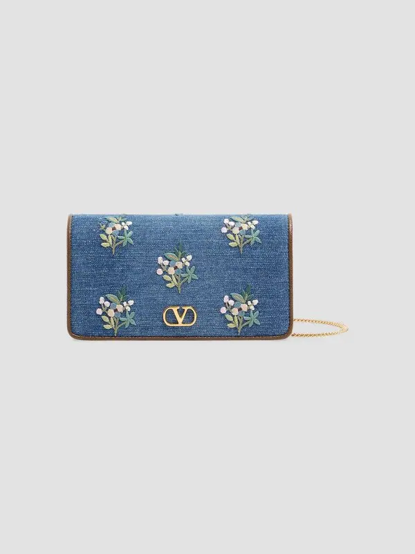 Valentino Garavani Vlogo Signature Mini Shoulder Bag In With Floral Embroidery - Denim