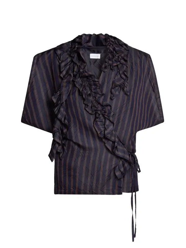 Dries Van Noten Clematis Ruffled Striped Satin Wrap Shirt