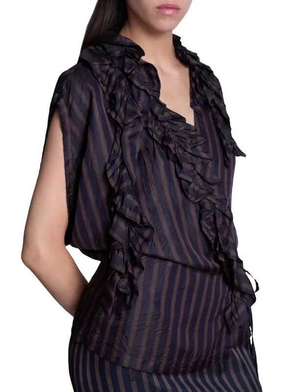 Dries Van Noten Clematis Ruffled Striped Satin Wrap Shirt