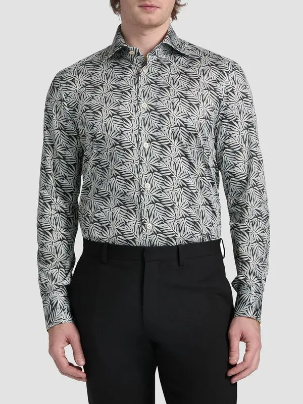 Kiton Leaf Print Stretch-cotton Shirt