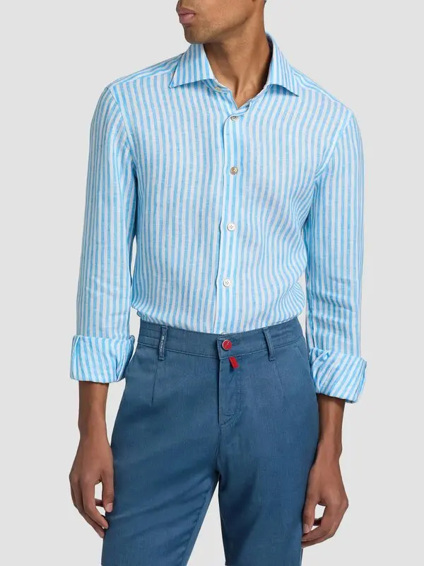 Kiton Bengal Striped Linen Button-front Shirt - Turquoise