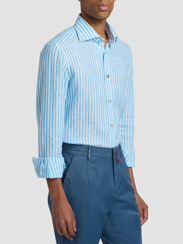 Kiton Bengal Striped Linen Button-front Shirt - Turquoise
