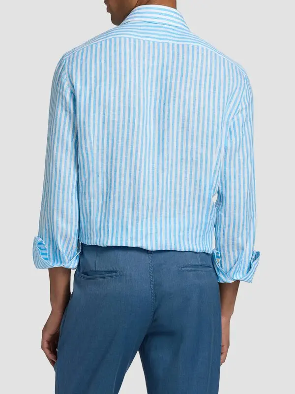 Kiton Bengal Striped Linen Button-front Shirt - Turquoise
