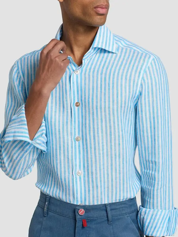 Kiton Bengal Striped Linen Button-front Shirt - Turquoise
