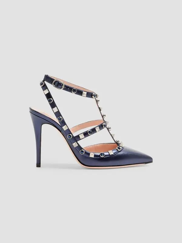 Valentino Garavani Rockstud Pumps 100mm In Laminated Nappa With Cabochon - Navy