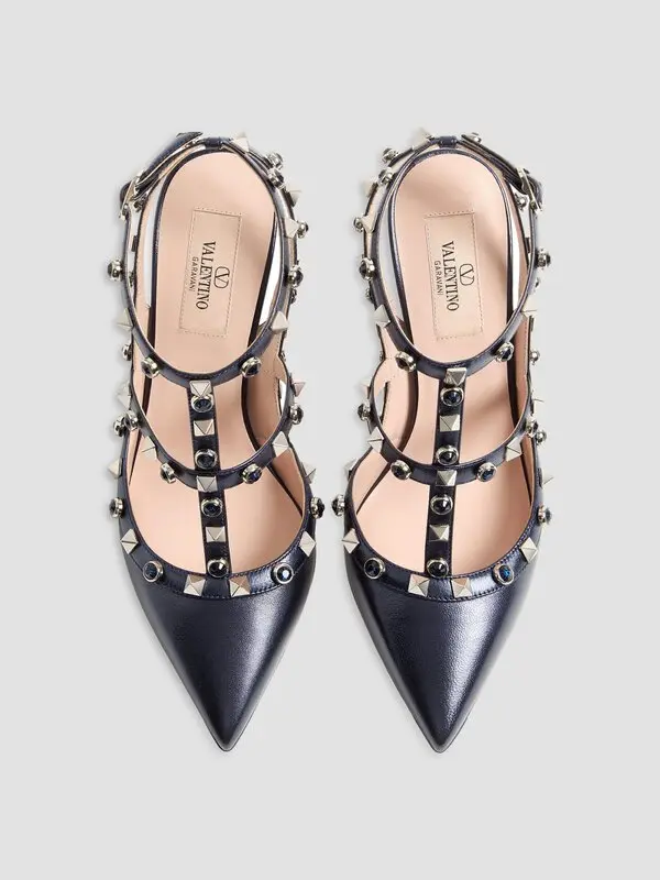 Valentino Garavani Rockstud Pumps 100mm In Laminated Nappa With Cabochon - Navy
