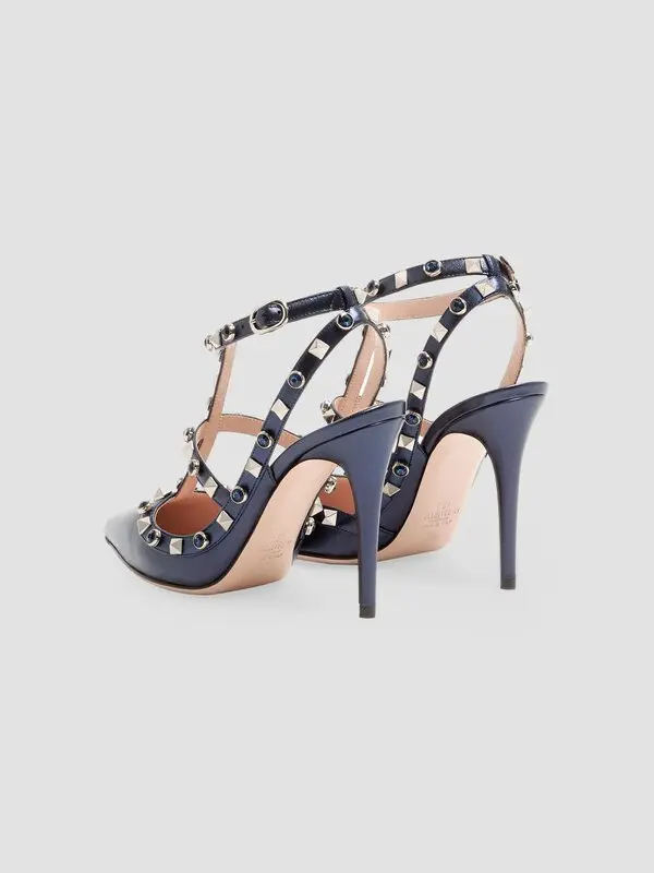 Valentino Garavani Rockstud Pumps 100mm In Laminated Nappa With Cabochon - Navy