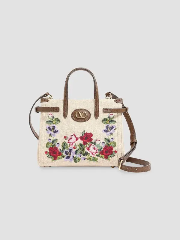 Valentino Garavani Antibes Small Embroidered Linen Top Handle Bag - Ecru Multi