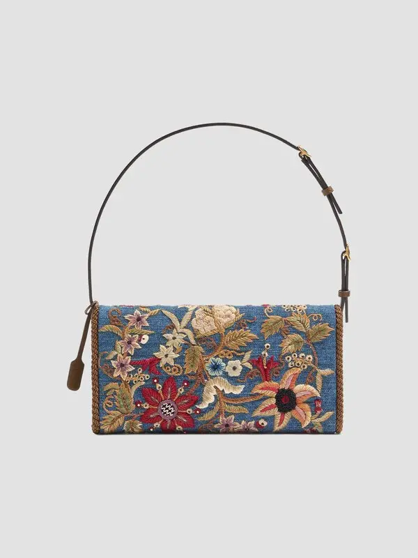Valentino Garavani Devain Small Embroidered Denim Shoulder Bag