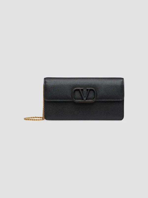 Valentino Garavani Vlogo Signature Grainy Calfskin Wallet With Chain - Black