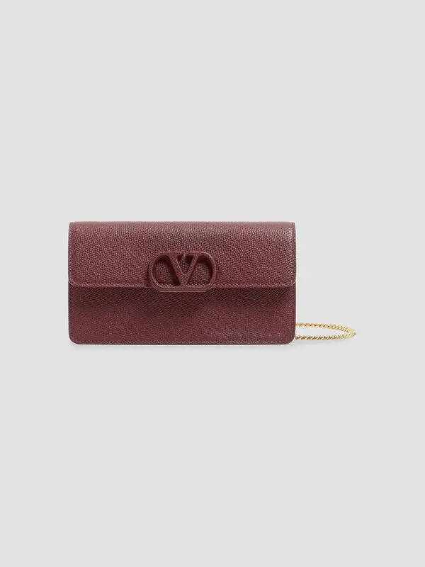 Valentino Garavani Vlogo Signature Grainy Calfskin Wallet With Chain - Maroon
