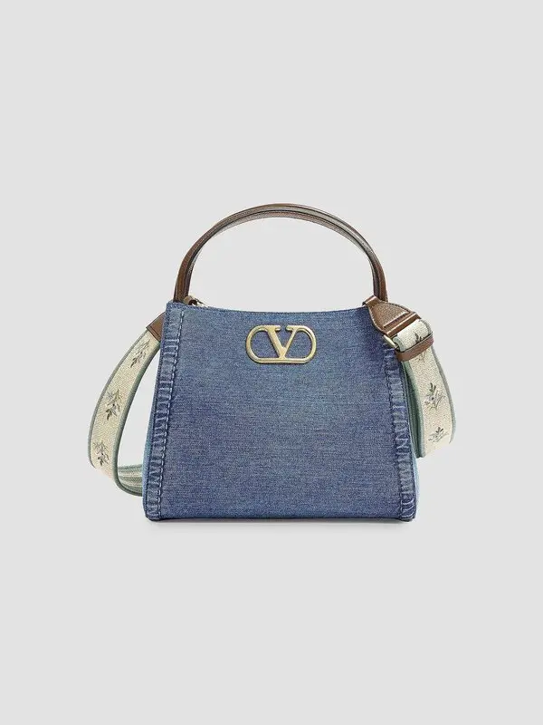 Valentino Garavani Alltime Medium Top Handle Bag In With Embroidered Strap - Denim