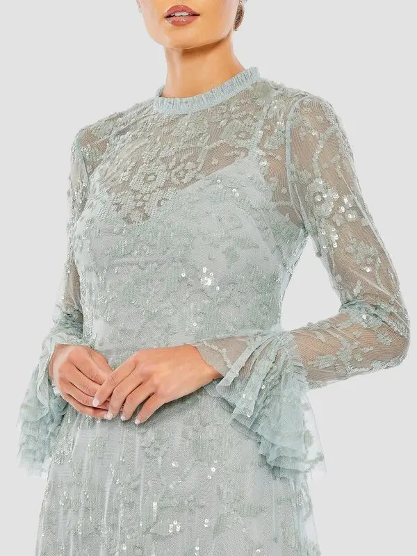 Mac Duggal Floral Sequin Ruffled Illusion Minidress