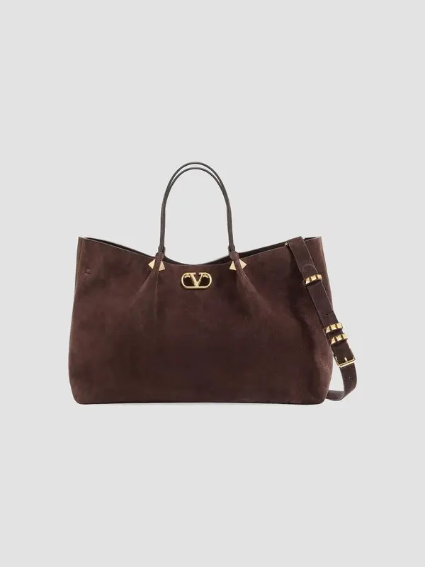 Valentino Garavani Large Shopping Bag In Soft Suede - Ebony