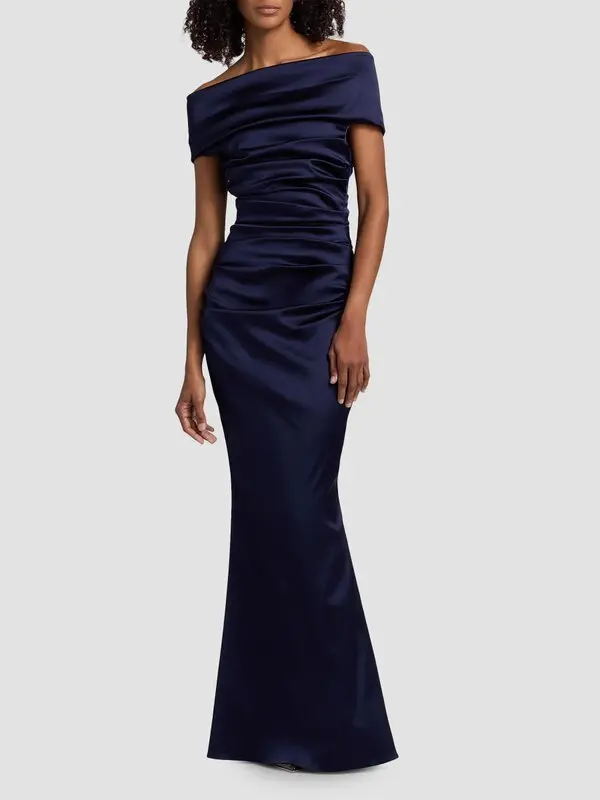 Talbot Runhof Satin Off-the-shoulder Sheath Gown