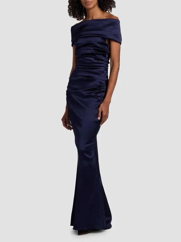 Talbot Runhof Satin Off-the-shoulder Sheath Gown