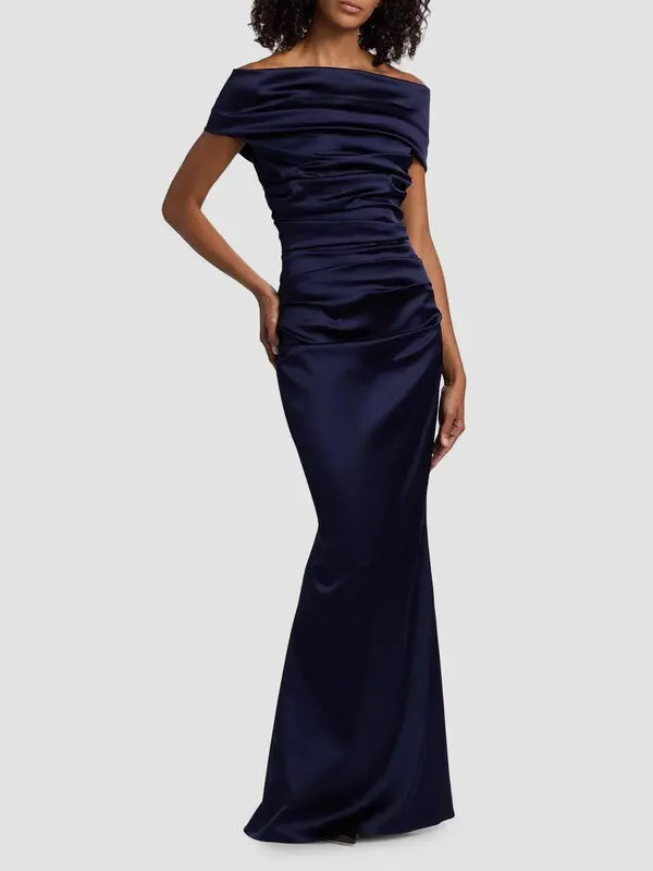 Talbot Runhof Satin Off-the-shoulder Sheath Gown