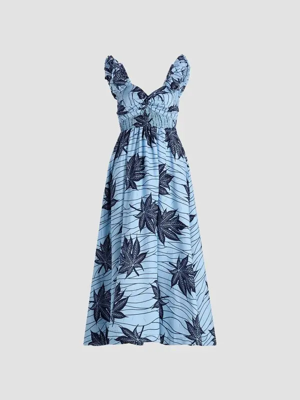ELISAMAMA Ibukun Botanical-print Cotton A-line Midi-dress