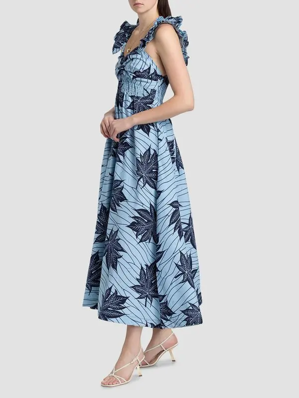 ELISAMAMA Ibukun Botanical-print Cotton A-line Midi-dress