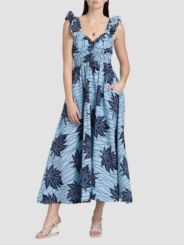 ELISAMAMA Ibukun Botanical-print Cotton A-line Midi-dress