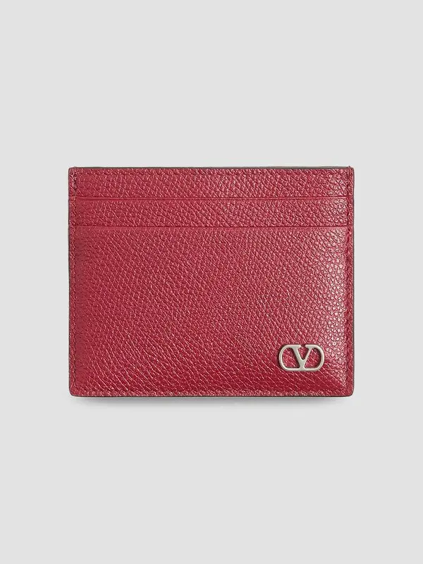 Valentino Garavani Vlogo Signature Card Holder In Grainy Calfskin - Red