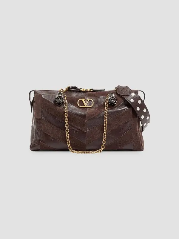 Valentino Garavani Panthea Medium Shoulder Bag In Suede And Nappa - Ebony