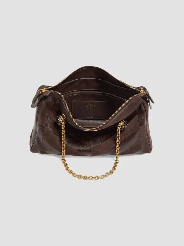 Valentino Garavani Panthea Medium Shoulder Bag In Suede And Nappa - Ebony
