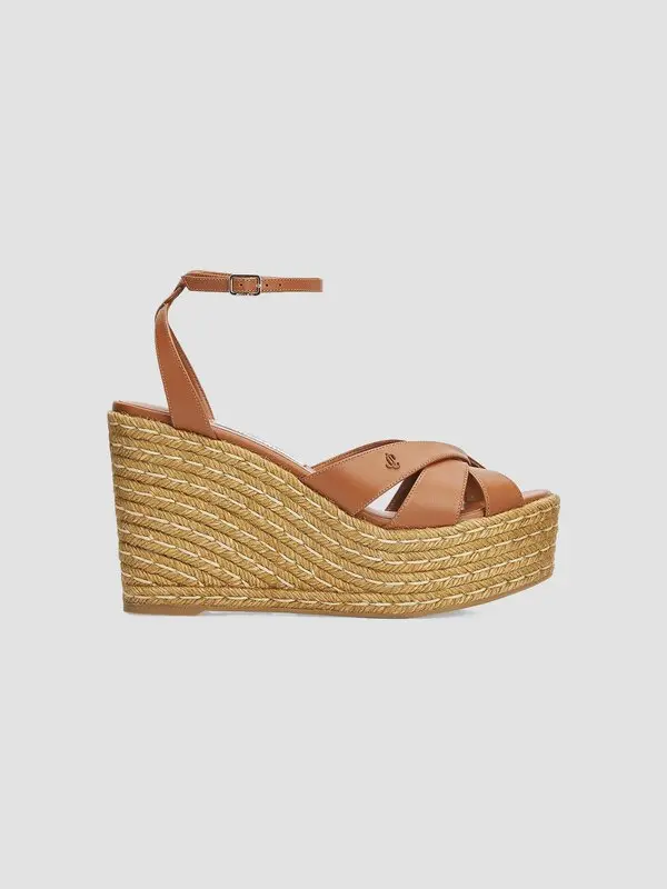 JIMMY CHOO Korra 100mm Leather Espadrille Wedge Sandals - Tan