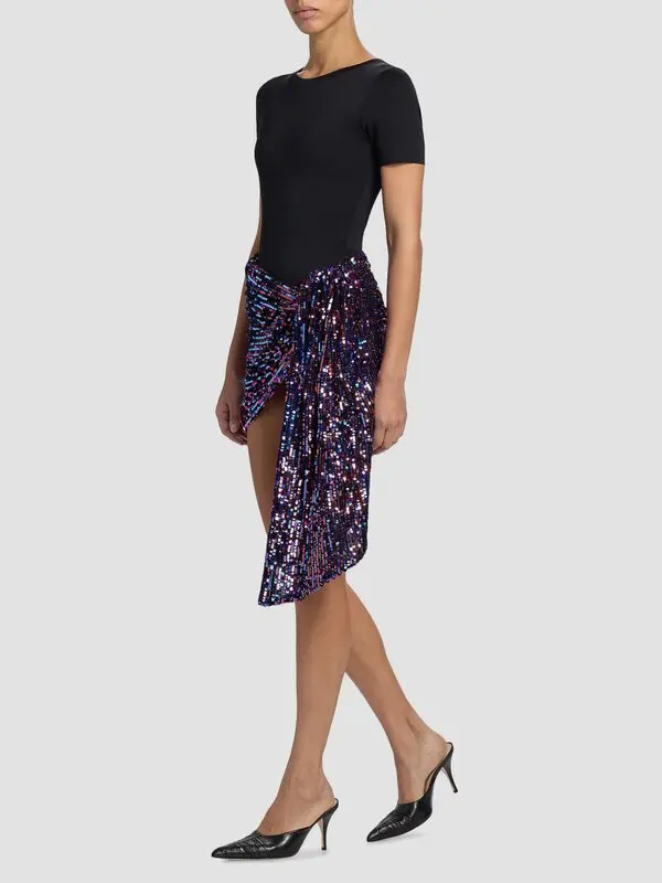 AREA Sequin Asymmetric Wrap Miniskirt