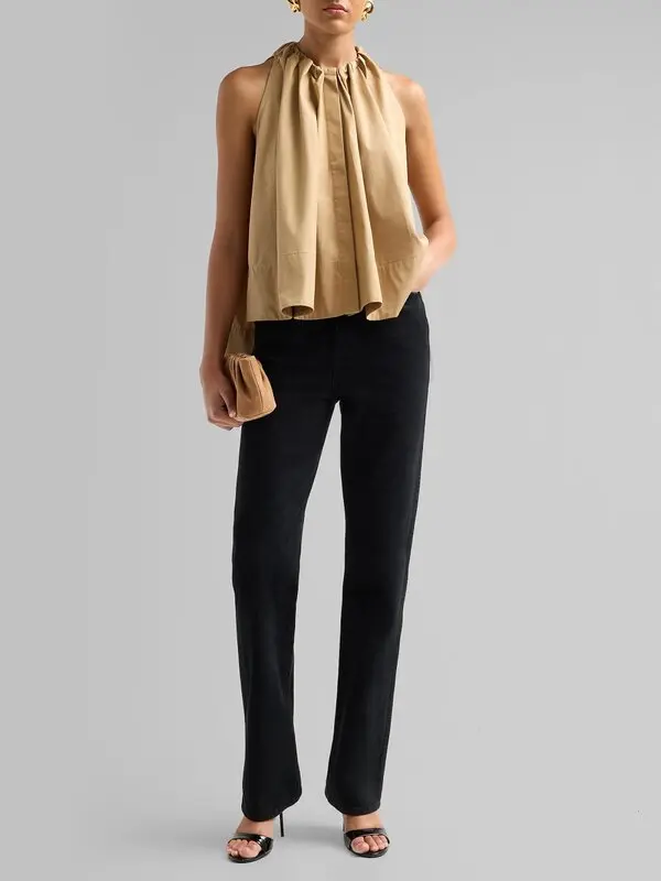 Co Gathered High-low Tton Poplin Top - Camel