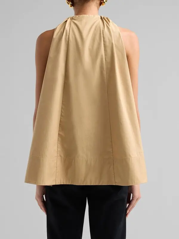 Co Gathered High-low Tton Poplin Top - Camel