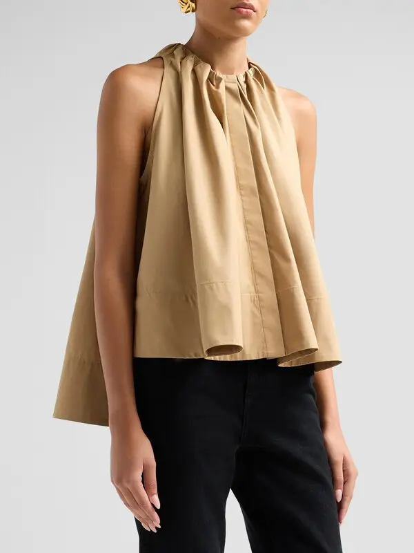 Co Gathered High-low Tton Poplin Top - Camel