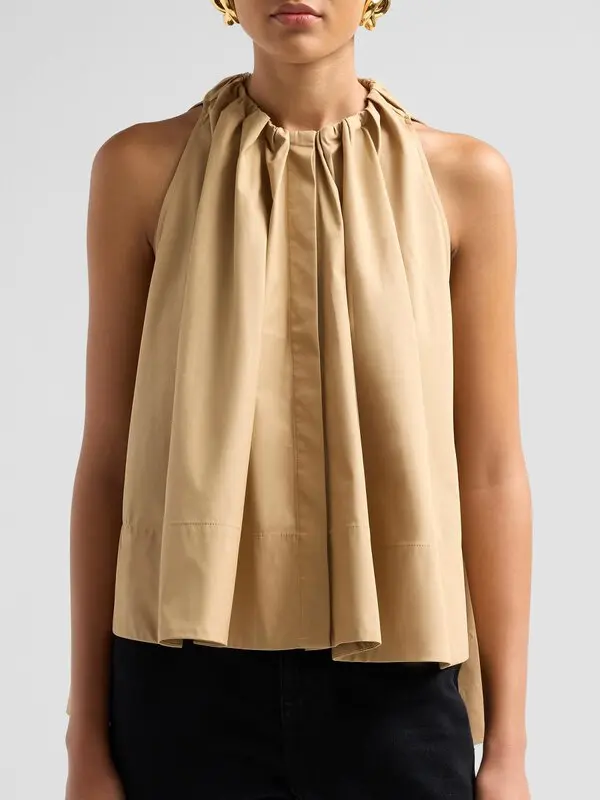 Co Gathered High-low Tton Poplin Top - Camel