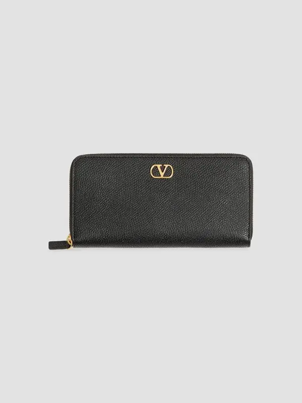 Valentino Garavani V-logo Signature Zippered Wallet In Grainy Calfskin Leather - Black