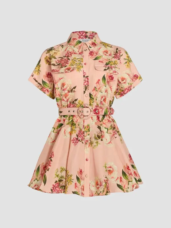 Hemant & Nandita Floral Tie-waist A-line Minidress - Peach