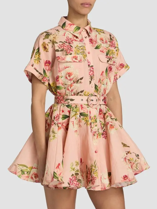 Hemant & Nandita Floral Tie-waist A-line Minidress - Peach